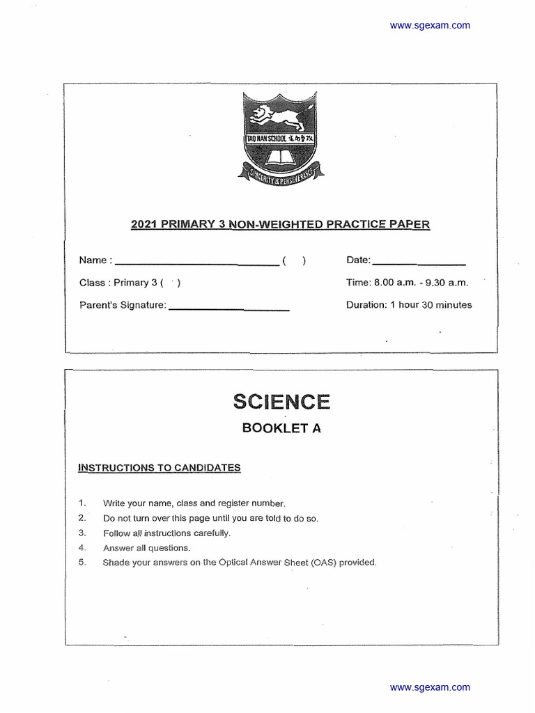 2021-P3-Science-Practice Paper - Tao Nan | PDF