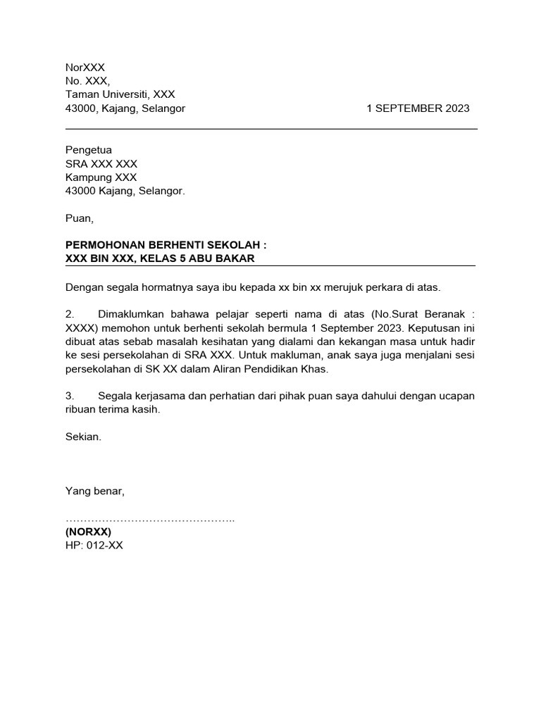 Surat Berhenti Sekolah | PDF