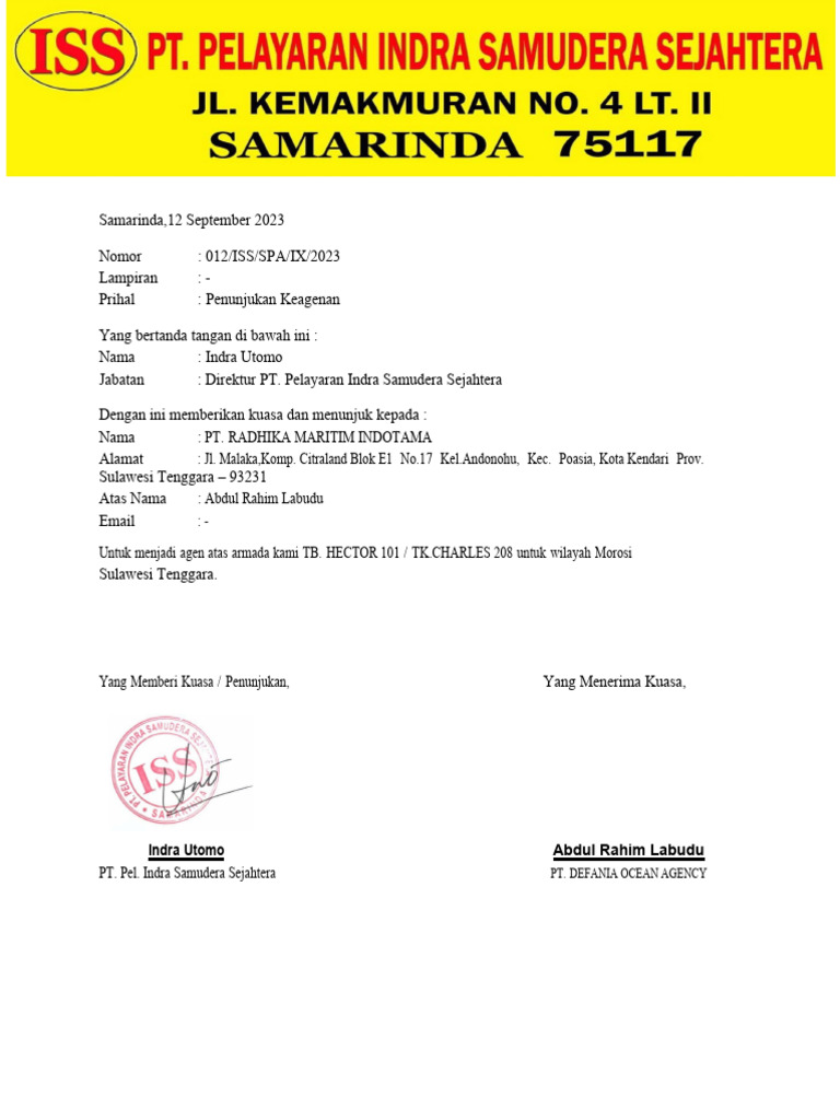 Penunjukkan Keagenan PT Adivia Blue Ocean | PDF