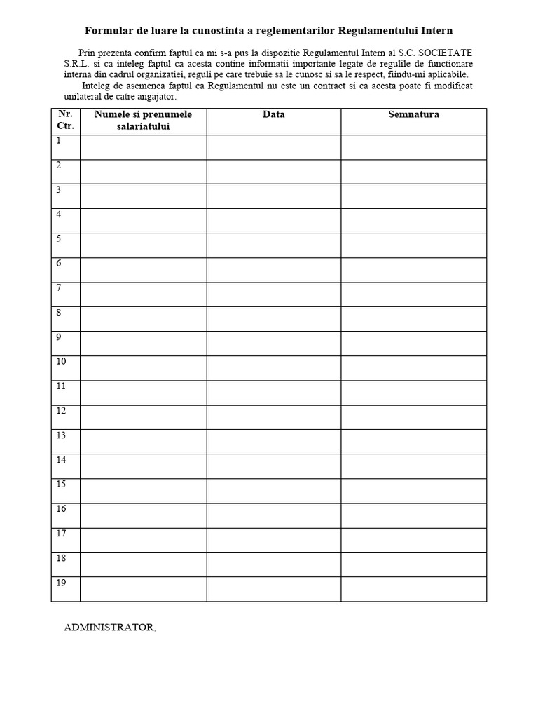 Formular de Luare La Cunostinta A Reglementarilor Regulamentului Intern ...