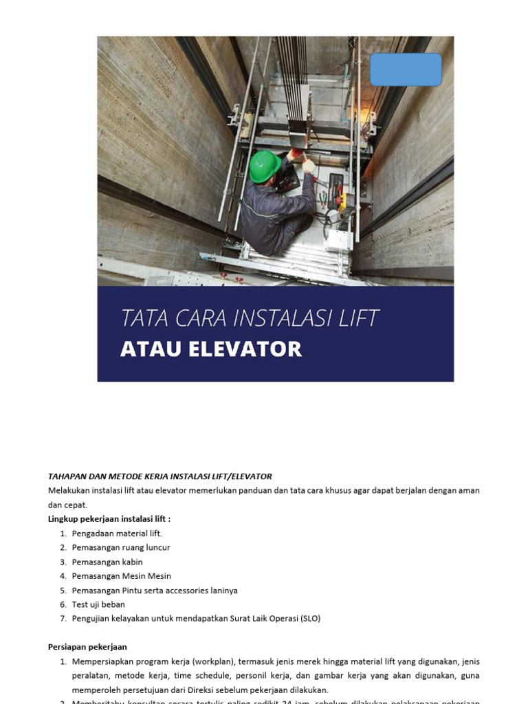 Tahapan Dan Metode Kerja Instalasi Lift | PDF