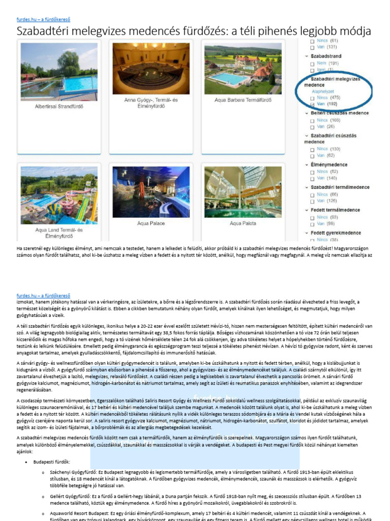 Szabadtéri Melegvizes Fürdők Furdes - Hu | PDF