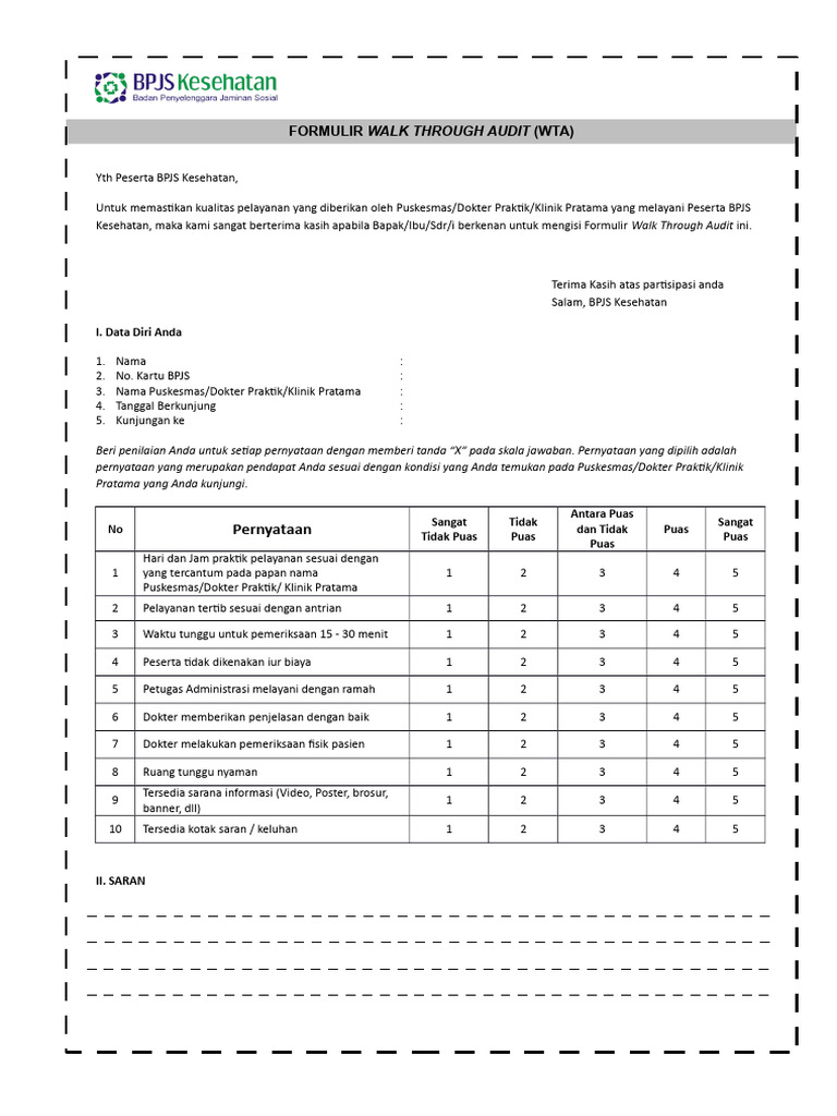 FORMULIR WALK THROUGH AUDIT WTA BPJS Kesehatan | PDF