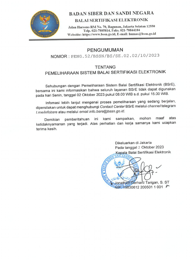PENG 52 BSSN BS SE 02 02 10 2023 Pengumuman Pemeliharaan Sistem | PDF