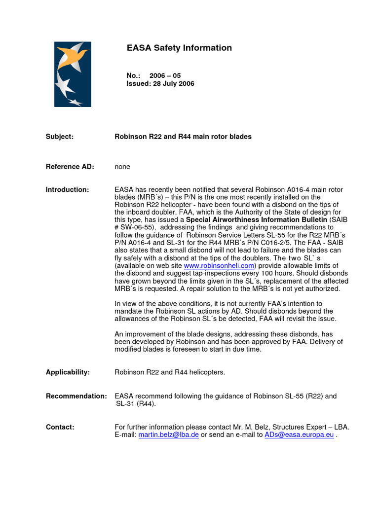 EASA Safety Info: R22/R44 Rotor Blade Disbond | PDF | Business ...