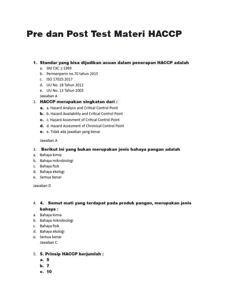 Pre Dan Post Test Materi HACCP | PDF | Kesehatan Holistik