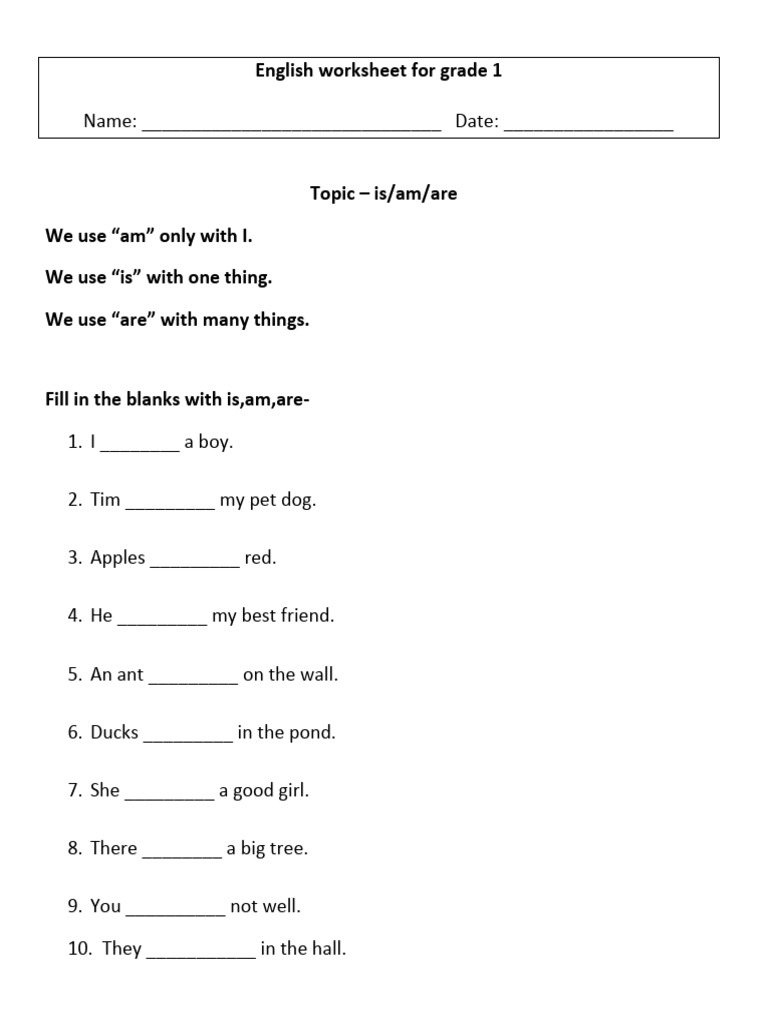 English Worksheet For Grade 1 Is Am Are | PDF