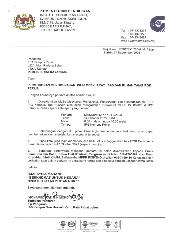 Surat Permohonan Fasiliti Ipgk Perlis | PDF