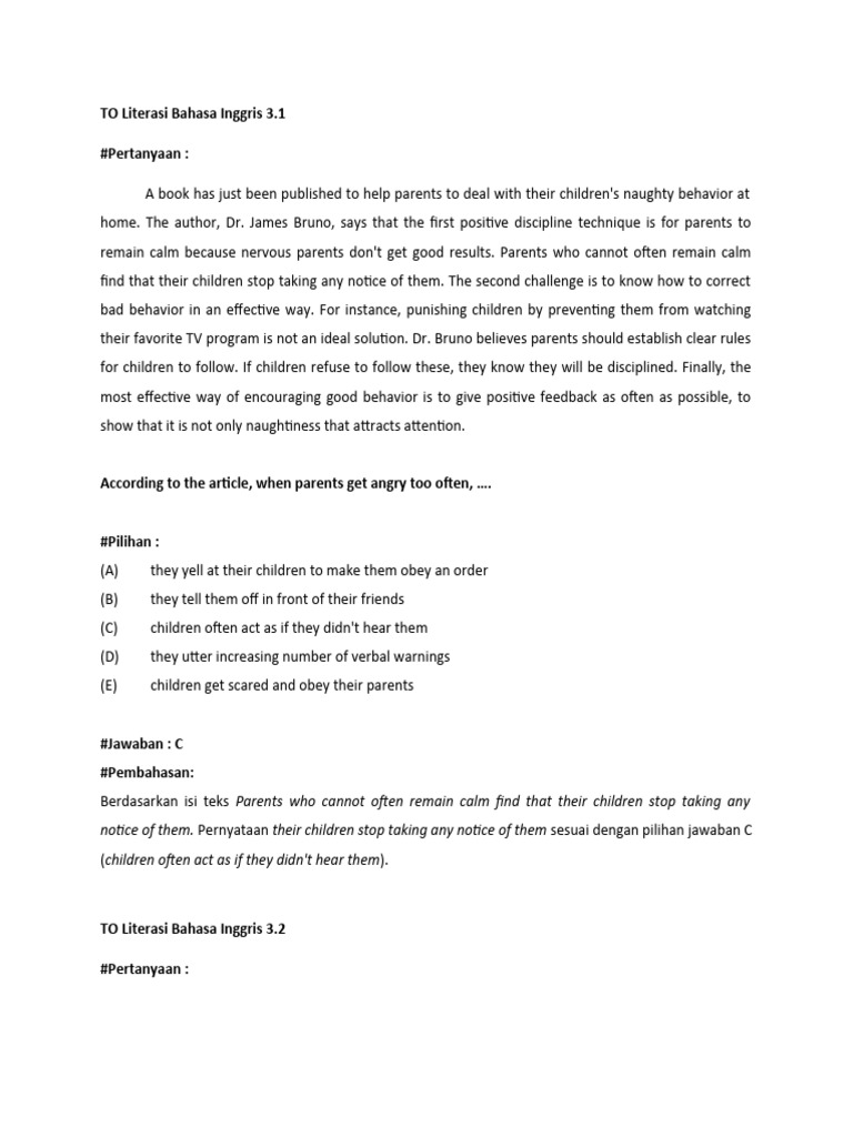 SOAL TO 3 Literasi Bahasa Inggris - Pembahasan | PDF