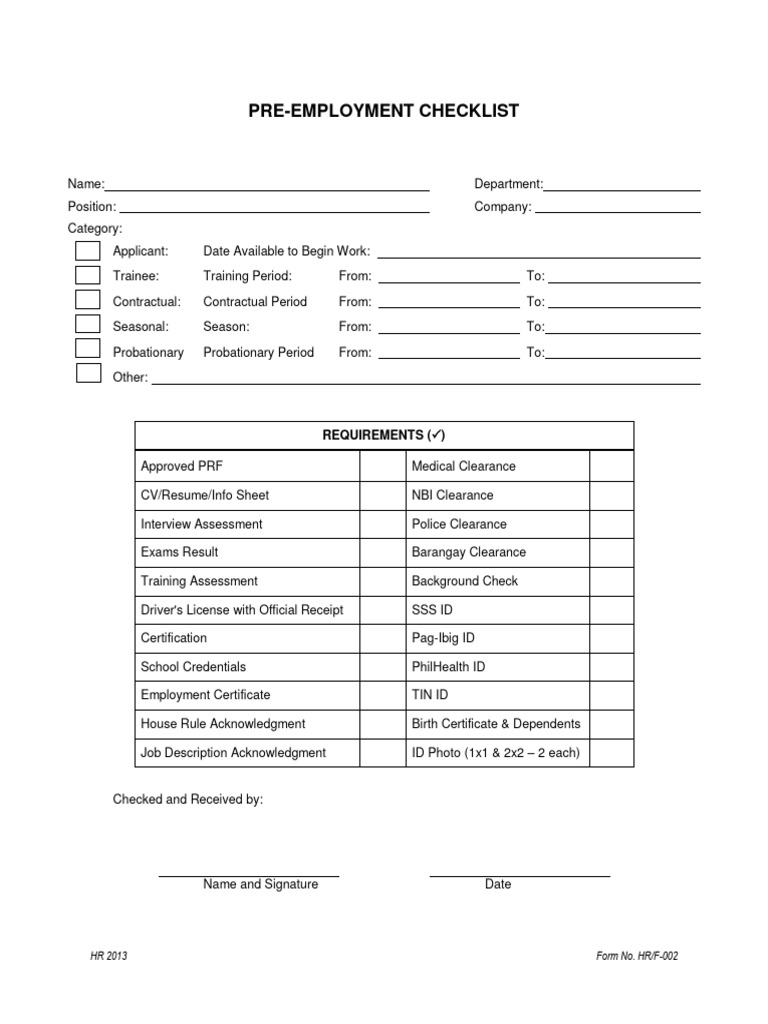 HRF-002 Pre Employment Checklist - 201 File | PDF