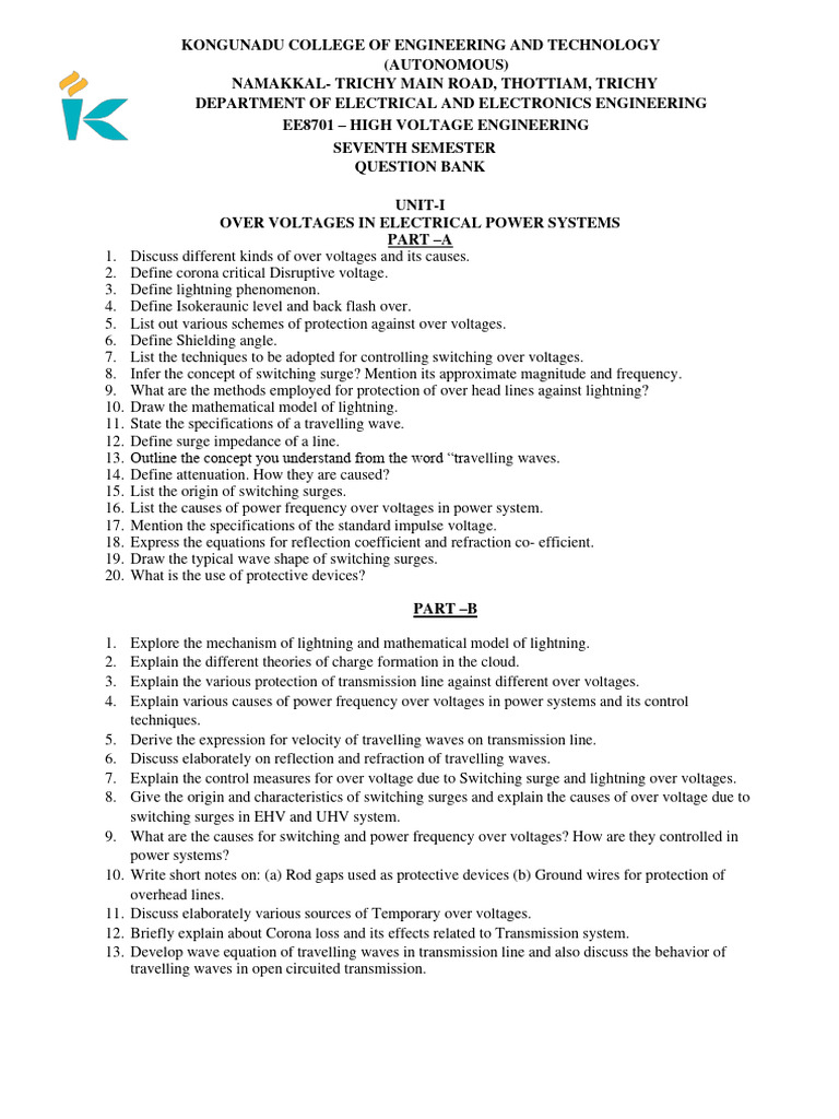 Ee8701 - Hve Question Bank | PDF | Electrical Breakdown | Transmission Line