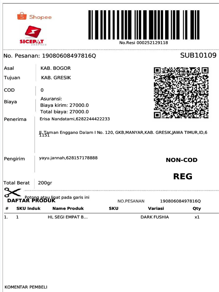 Contoh Resi Sicepat | PDF