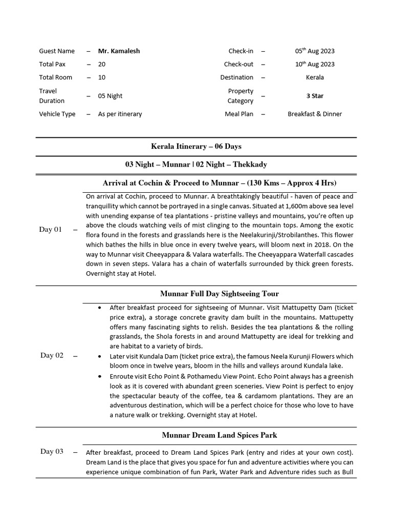 Mr. Kamlesh - Kerala - Itinerary | PDF