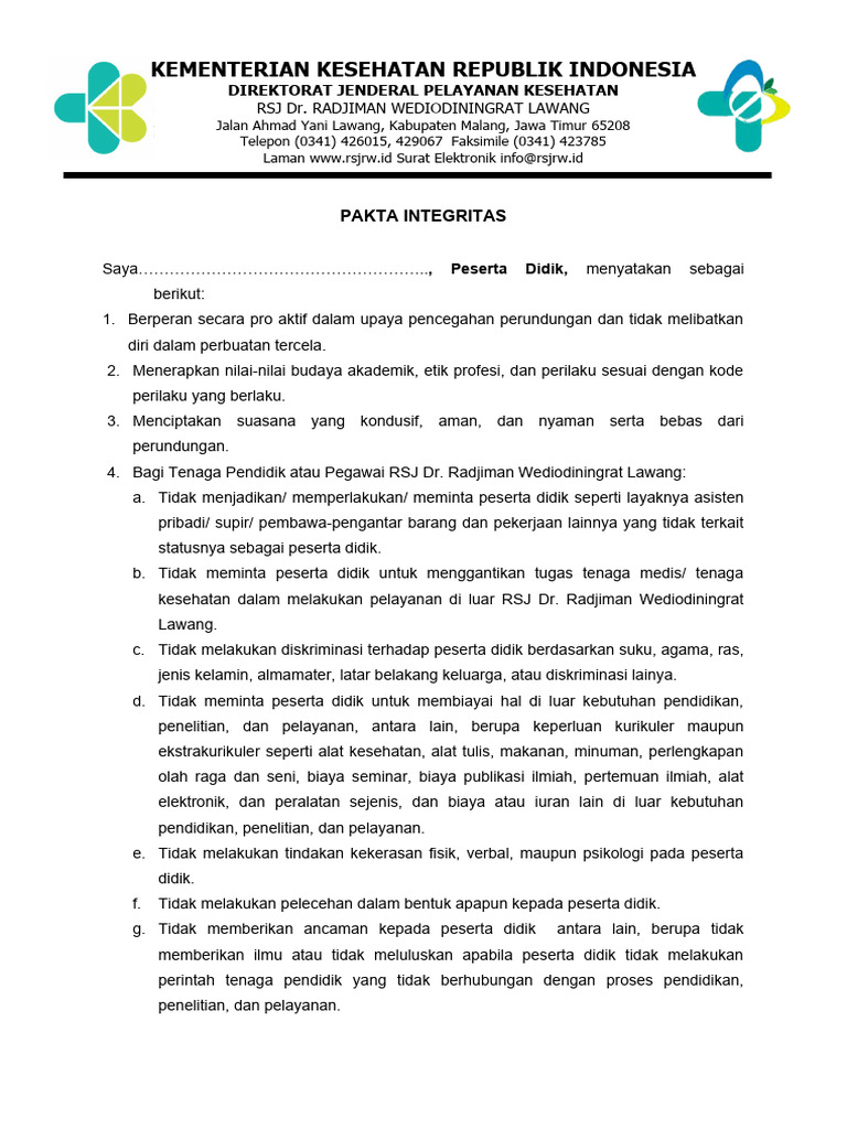 Form Pakta Integritas Pencegahan Perundungan_MHS | PDF