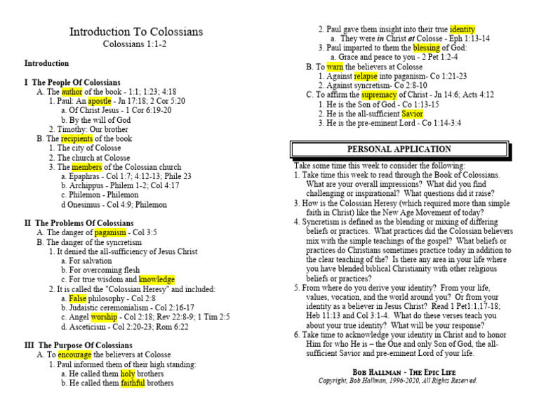 Hallman Colossians 01 1.1-2 Outline | PDF | Epistle To The Colossians ...