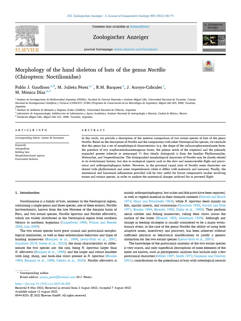 Gaudioso et al 2022. Morphology of the hand skeleton of bats of the ...