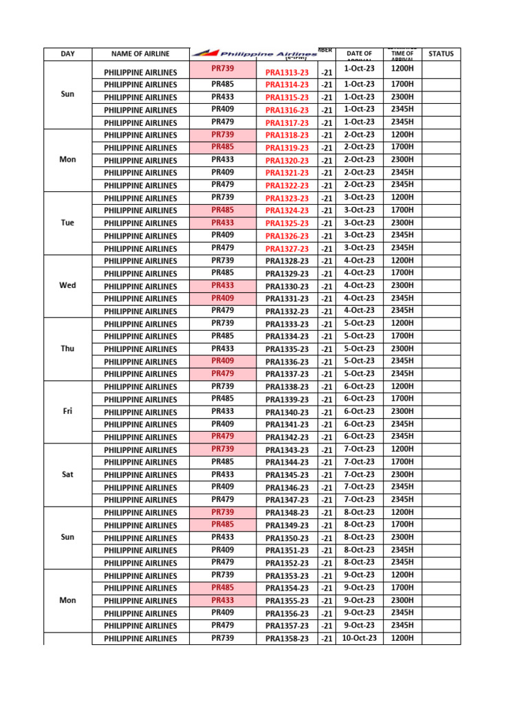 Philippine Airlines Flight Schedule | PDF