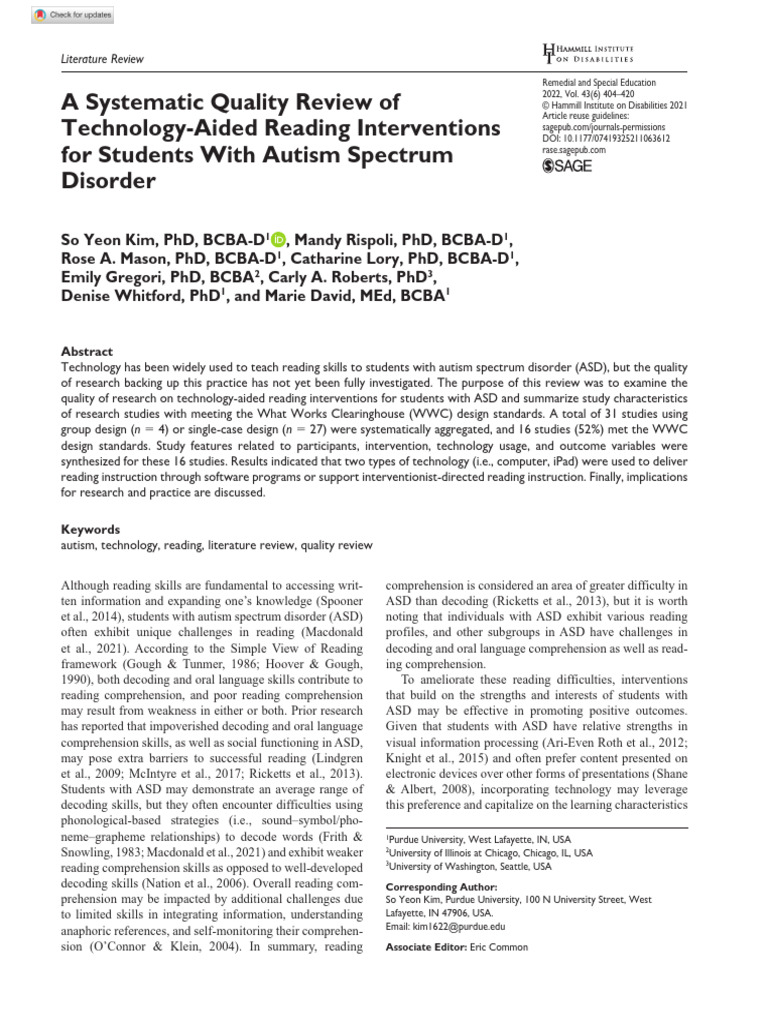 Kim Et Al 2021 A Systematic Quality Review of Technology Aided Reading Interventions For ...