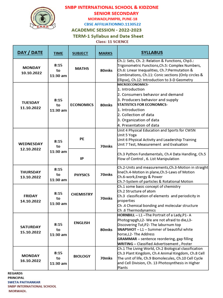 Grade -11(SCIENCE)-Syllabus and Datesheet | PDF