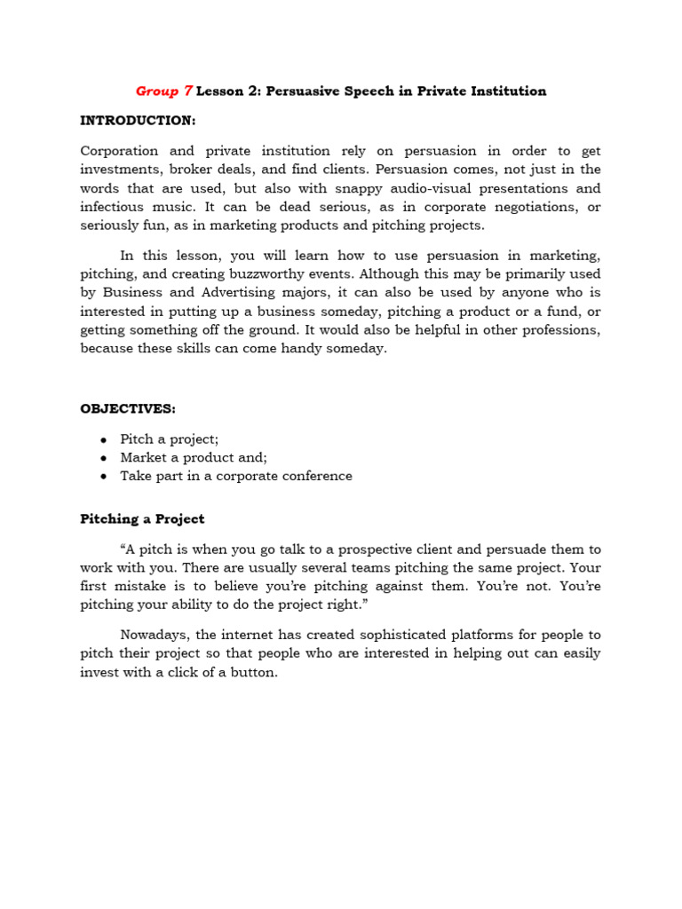 Persuasive Pitching in Private Institutions | PDF | Career & Growth ...