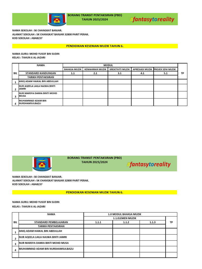 Rekod Transit Pend. Muzik Tahun 6. | PDF