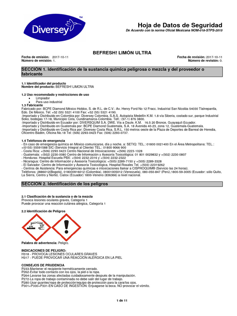 SDS - Be Fresh Limon Ultra | PDF