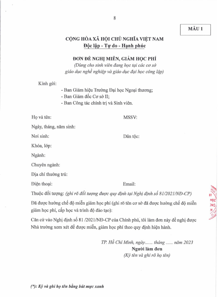 Mãu Đơn Xin Miễn Giảm | PDF
