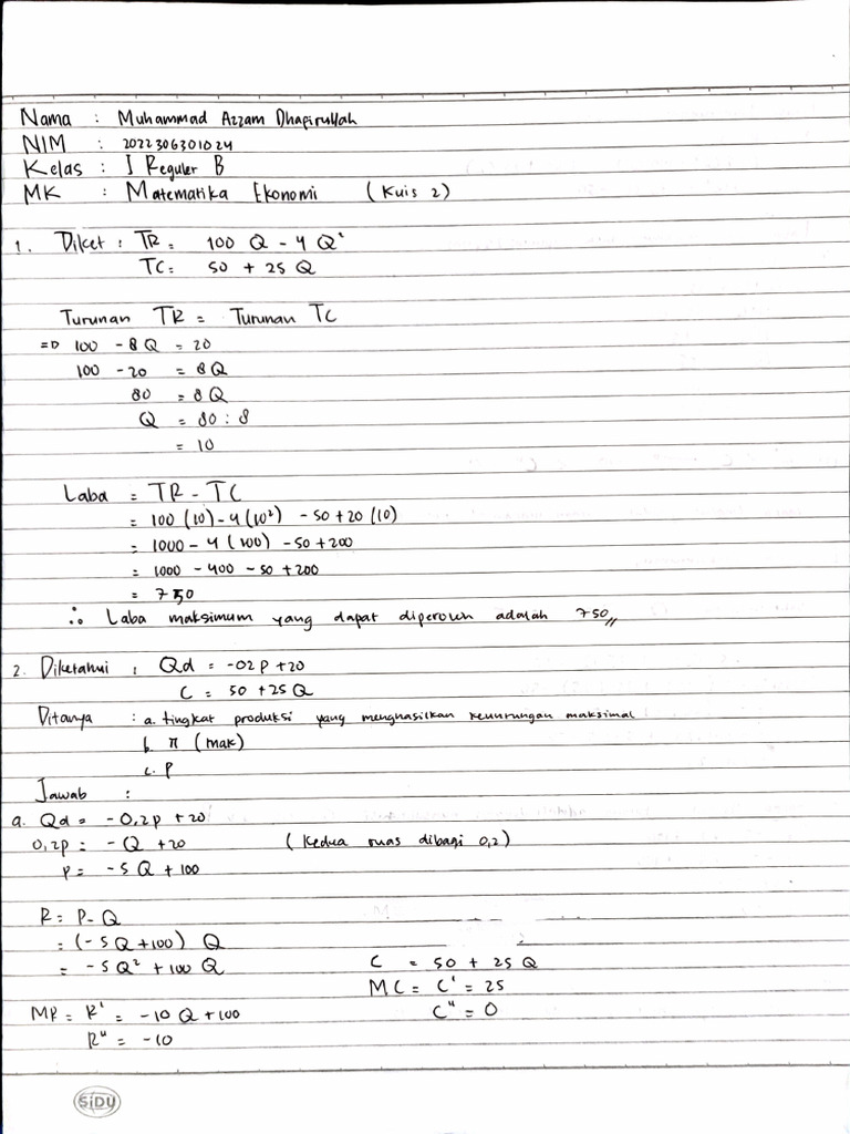 Tugas Matematika Ekonomi Kuis 2 Muhammad Azzam | PDF Tugas Matematika Ekonomi Kuis 2 Muhammad Azzam | PDF