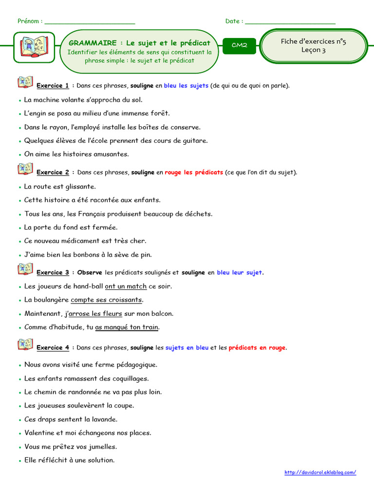 Fiche 5 Le Sujet Et Le Predicat | PDF | Arts du langage et discipline