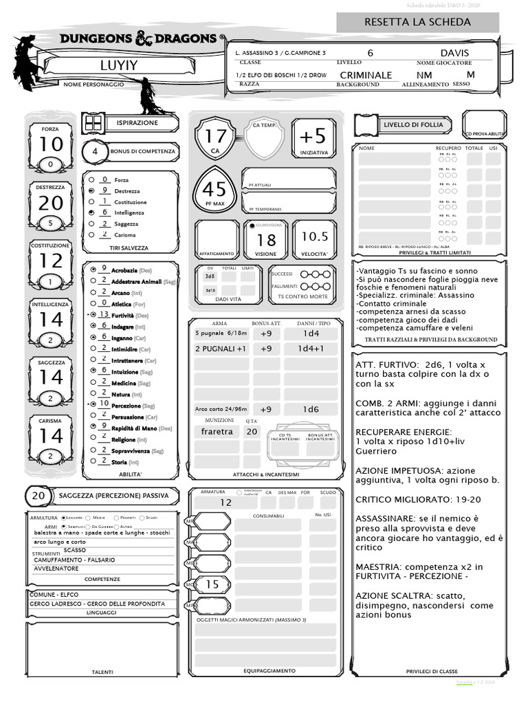 Scheda Editabile D&D 5 2020 v 1.1A | PDF