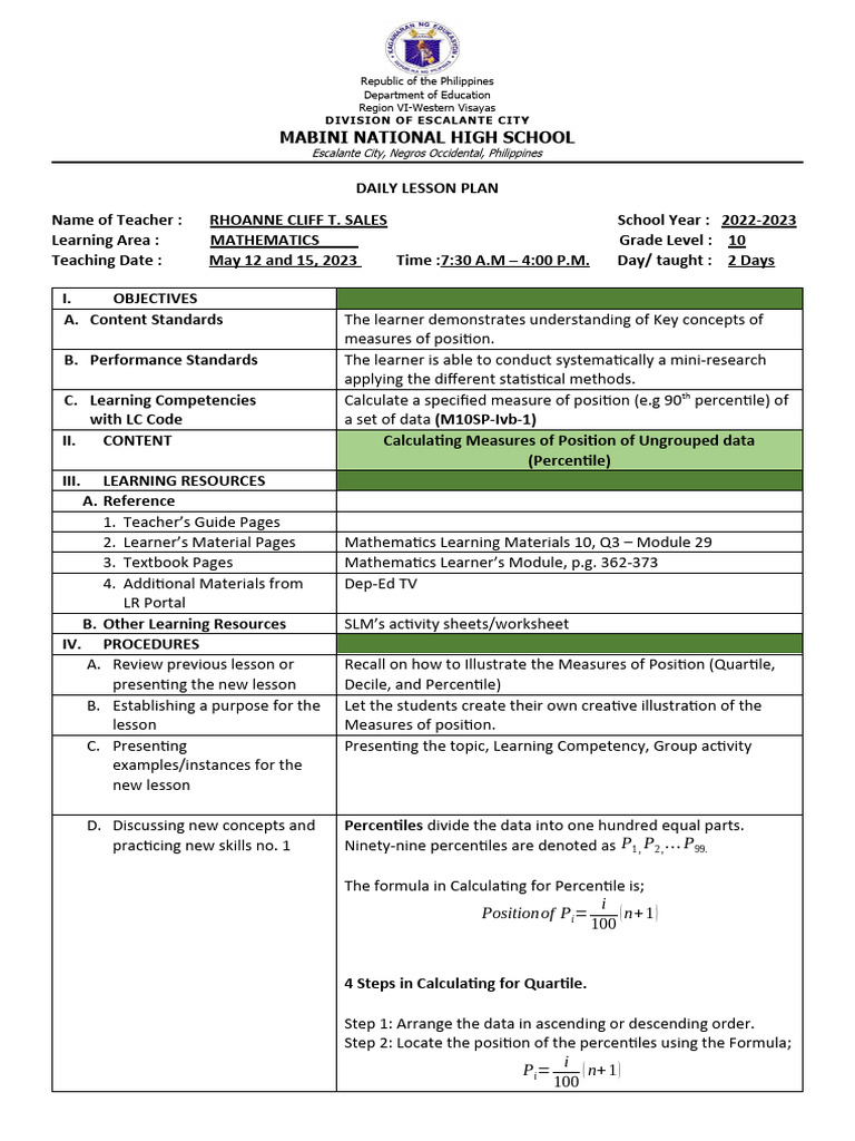 Daily Lesson Plan (Sample) | PDF | Percentile | Learning
