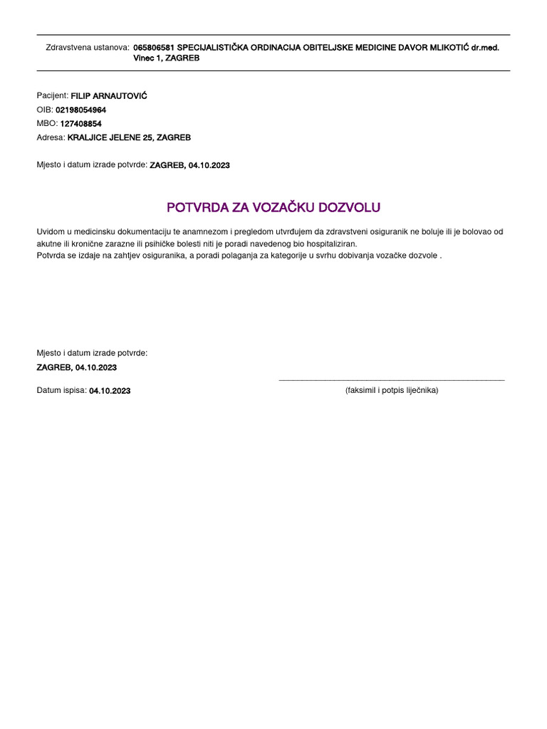 Potvrda Za Vozačku Dozvolu | PDF