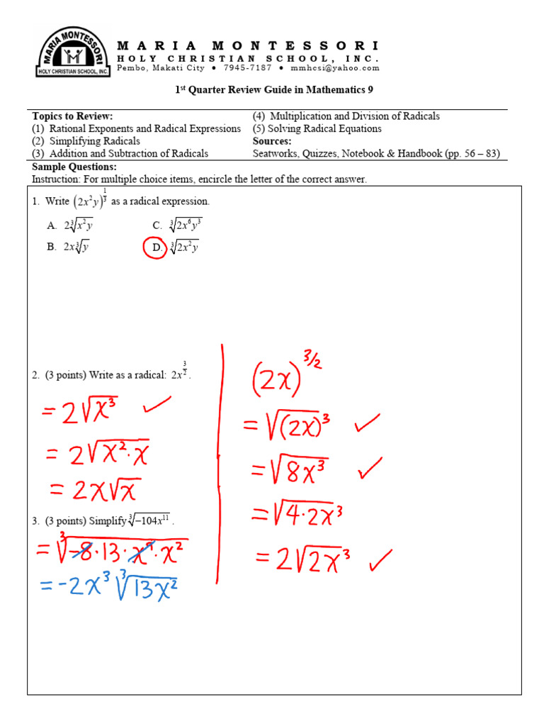Math 9 1st Quarter Review Guide | PDF | Mathematics | Elementary ...