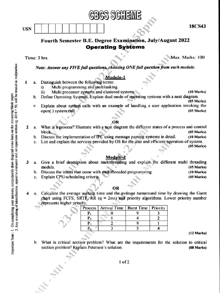 Os Previous Year Pdf Scheduling Computing Thread Computing 7118