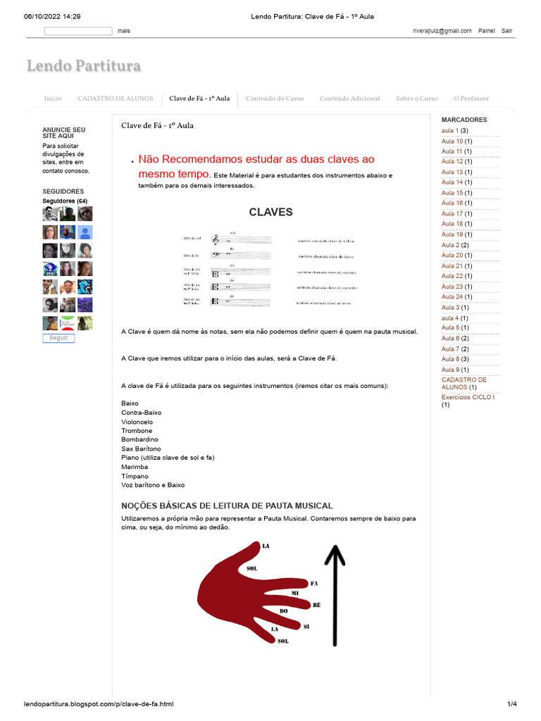 Lendo Partitura - Clave de Fá - 1º Aula | PDF