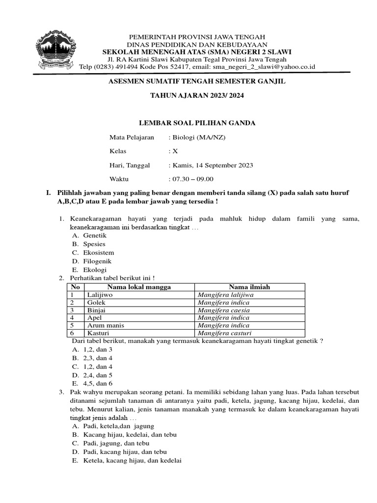 Soal Biologi Kelas X | PDF | Sains & Matematika