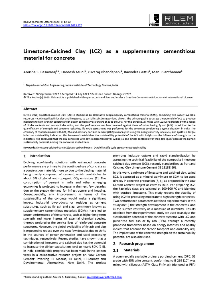 Limestone Calcined Clay (LC2) | PDF | Concrete | Cement