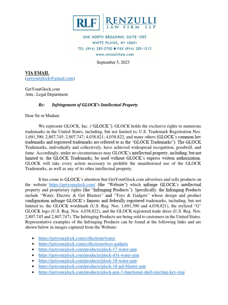2023-09-05 Correspondence From Renzulli Law Firm - GetYourGlock | PDF ...