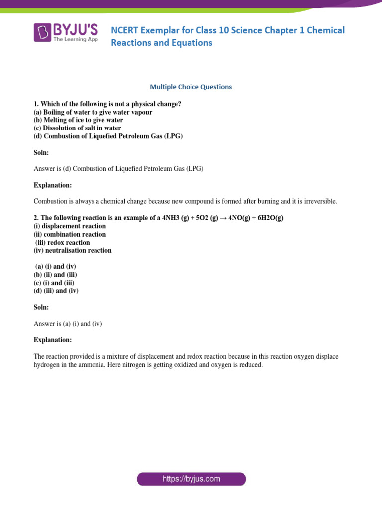 NCERT Exemplar Solution Class 10 Science Chapter 1 | PDF | Chemical ...