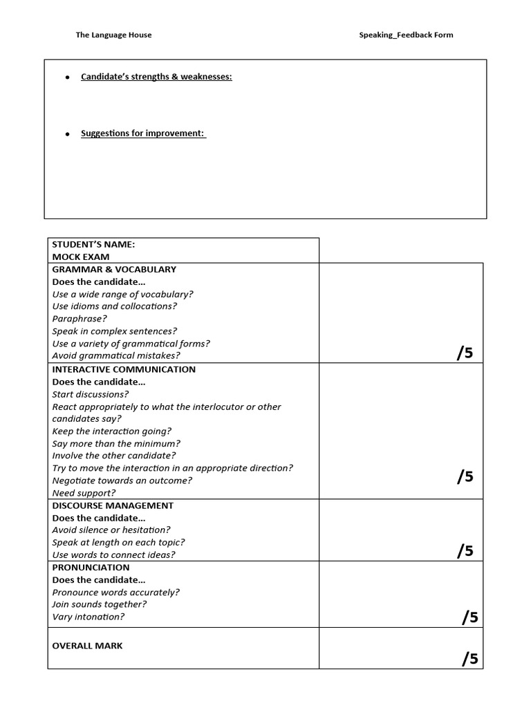 SPEAKING - Mark Sheets - Templates | PDF | Self-Improvement