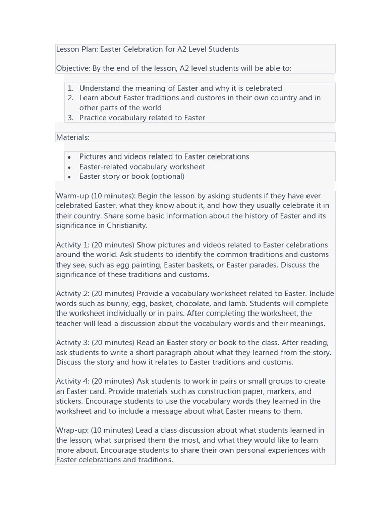 Lesson Plan Easter Chat GPT | PDF