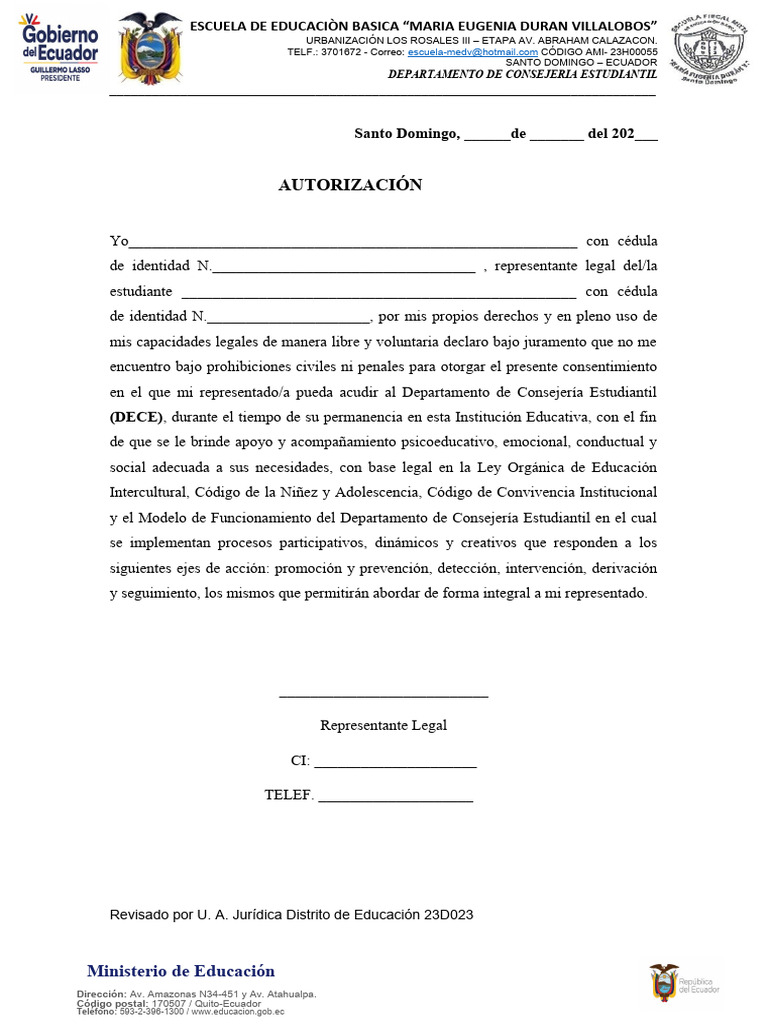 Ficha de Autorizacion Dece | PDF | Crecimiento personal y profesional