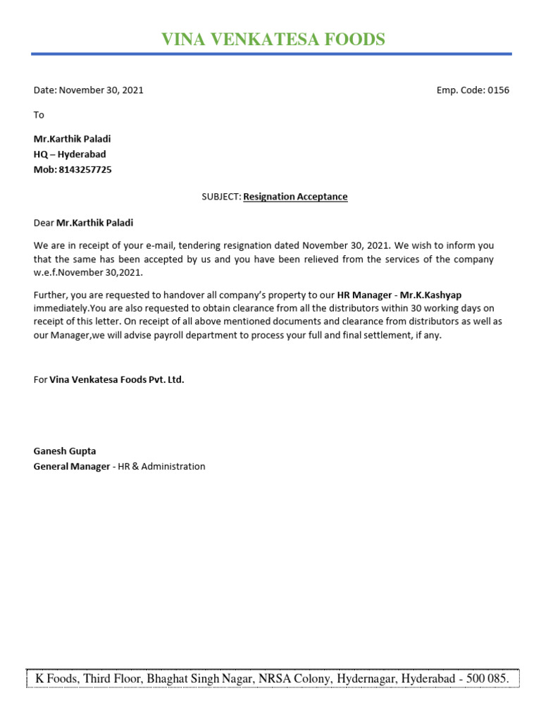 Karthik Relieving Letter | PDF