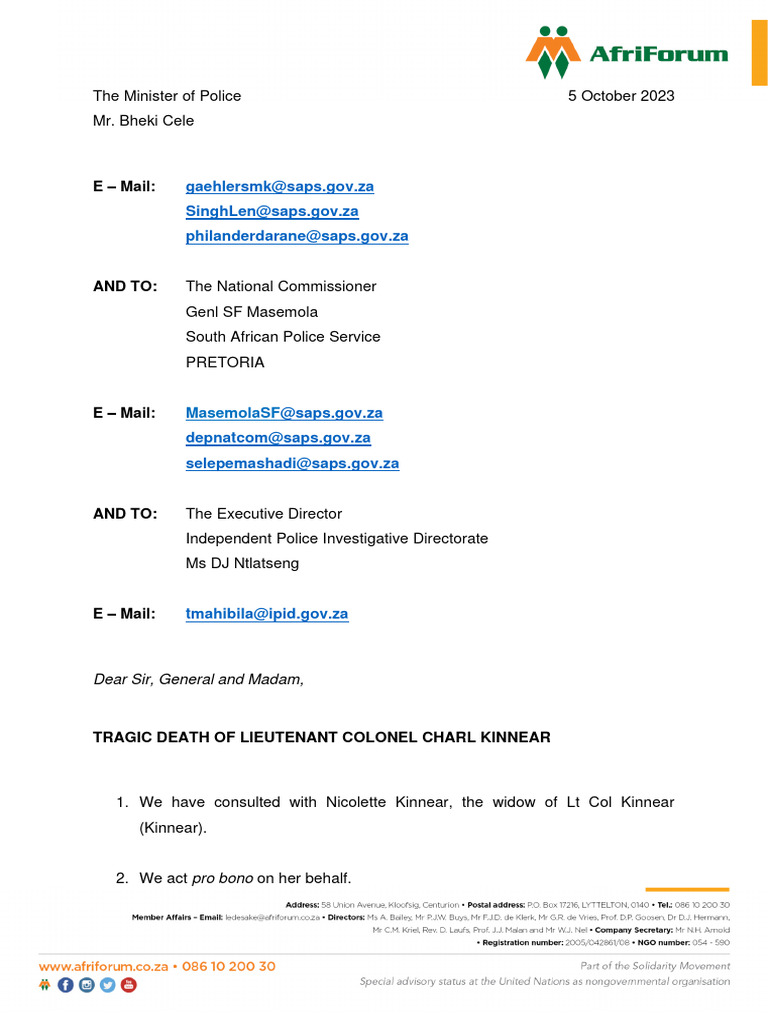 Letter to SAPS - Kinnear Assasination - 5 October 2023 | PDF
