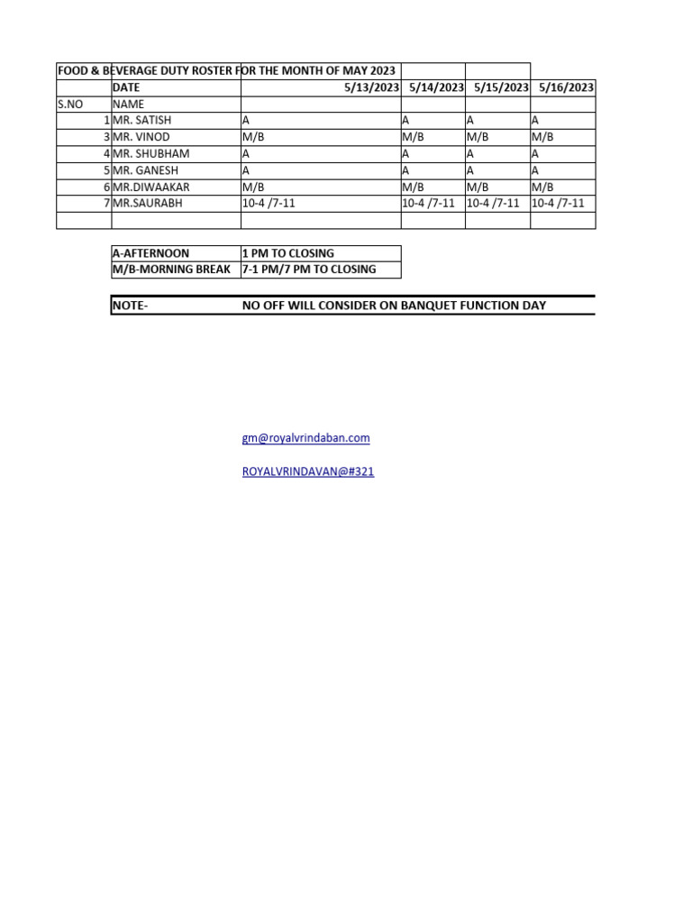 f&b Duty Roster for the Month of May | PDF