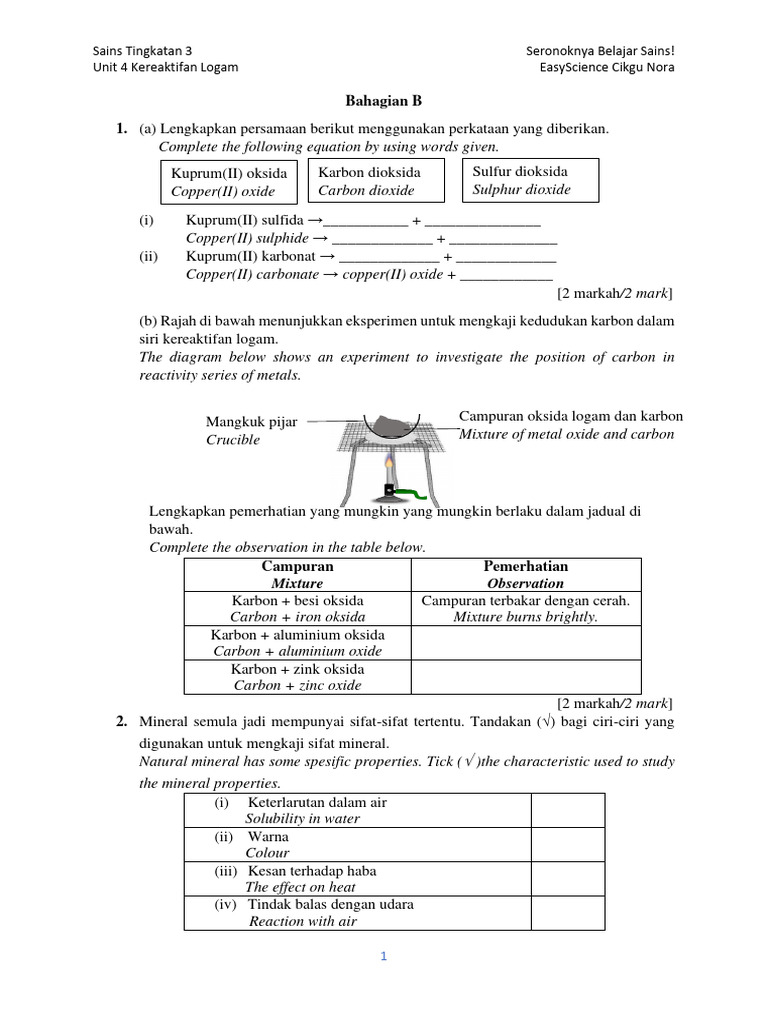 Sains Form 3 Unit 4 Kereaktifan Logam Ulang Kaji | PDF