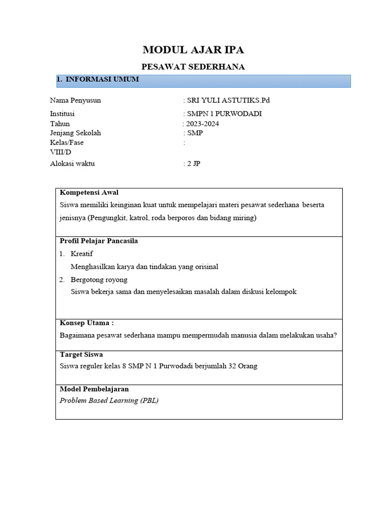 Modul Ajar Pesawat Sederhana | PDF