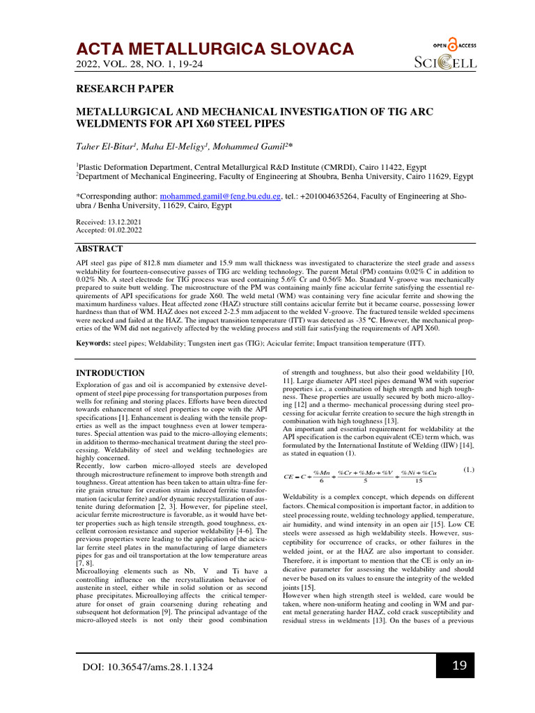 Metallurgical and Mechanical Investigation of Tig Arc Weldments For API ...