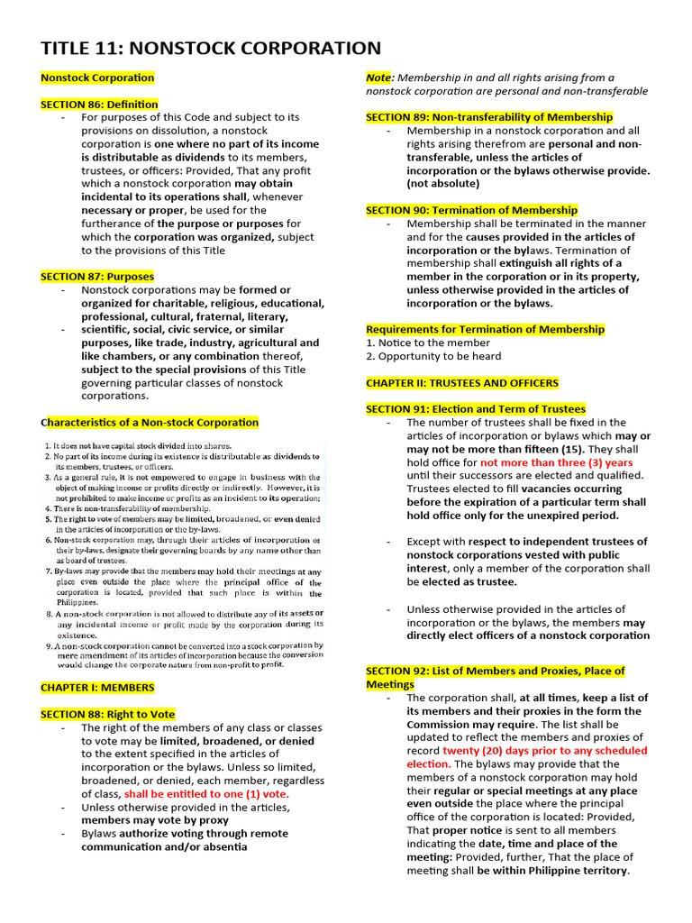 Title 11: Nonstock Corporation Overview | PDF | Corporations | Trustee