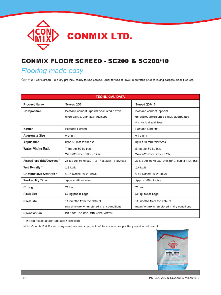 Conmix Floor Screed SC200 & SC200/10 Data | PDF | Concrete | Water